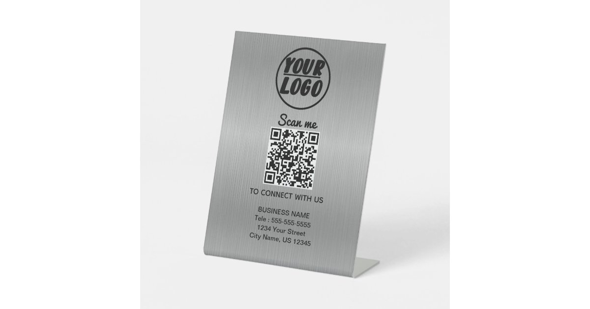 Custom Professional Business Logo QR Code Silver Pedestal Sign | Zazzle