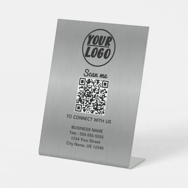 Custom Professional Business Logo QR Code Silver Pedestal Sign | Zazzle