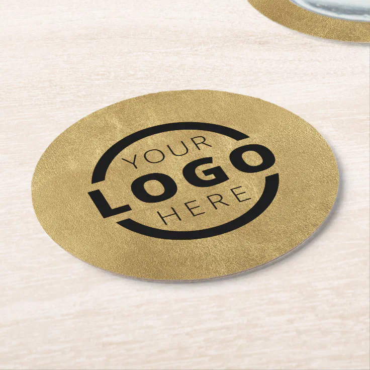 Custom Promotional Business Logo Branded Gold Round Paper Coaster | Zazzle