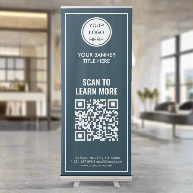 Custom Promotional Business Logo QR Code Blue Retractable Banner | Zazzle
