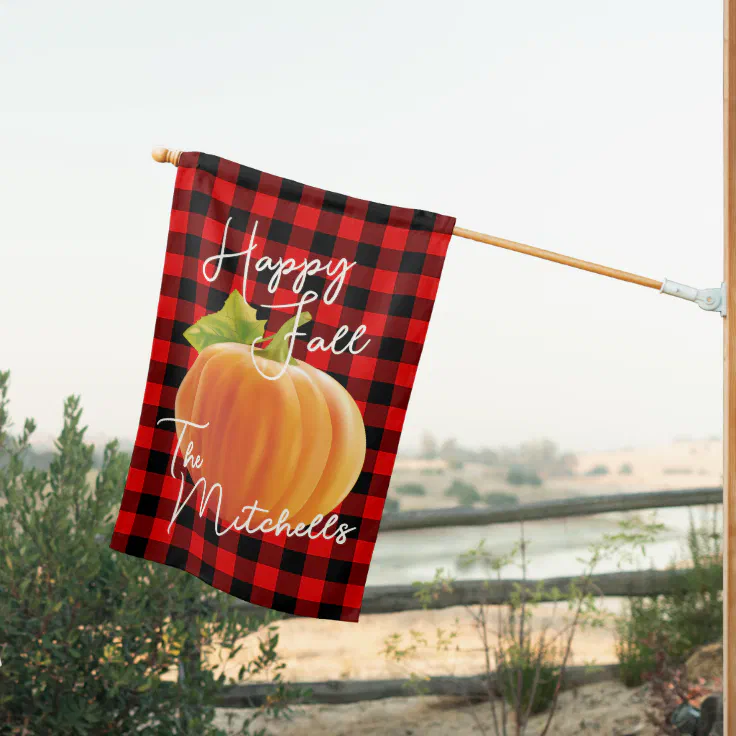 Custom Pumpkin On red Black Check Pattern House Flag | Zazzle
