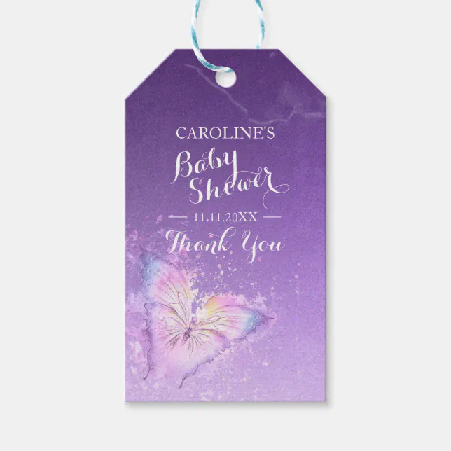 Custom Purple Butterfly Watercolor Baby Shower Gift Tags | Zazzle