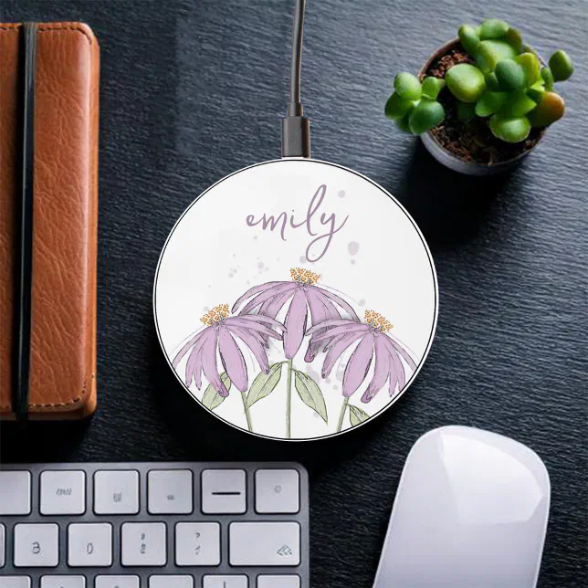 Custom Purple Floral Script Personalized Wireless Charger | Zazzle