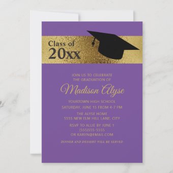 Custom Purple Gold Black Cap Graduation Invitation | Zazzle