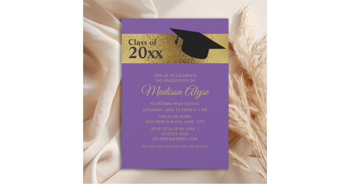 Custom Purple Gold Black Cap Graduation Invitation | Zazzle