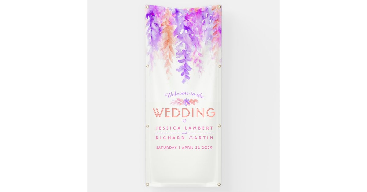 Custom purple orange wedding art welcome banner | Zazzle