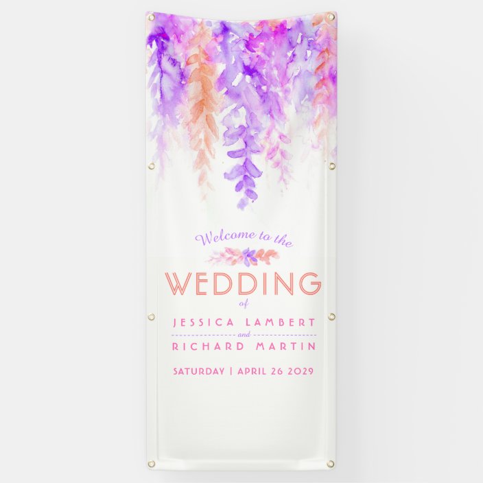 Custom purple orange wedding art welcome banner | Zazzle.com