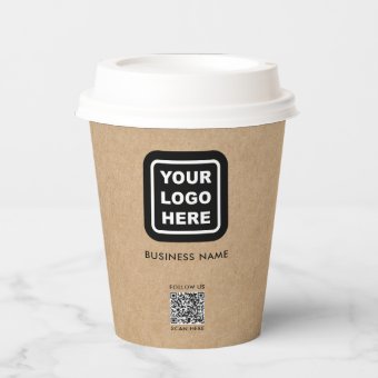 Custom QR Code Business Logo Modern Kraft Paper Cups | Zazzle