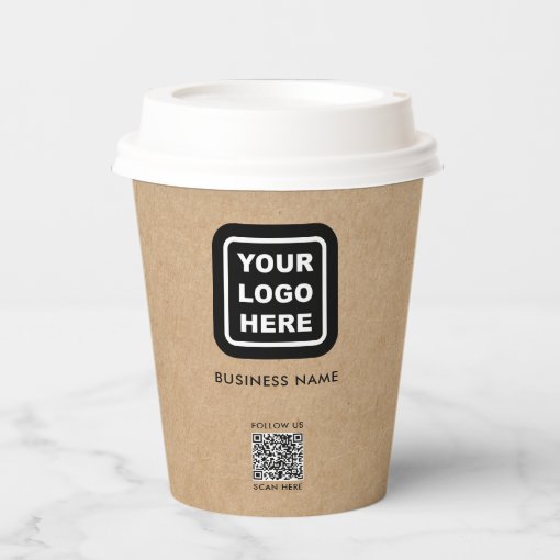 Custom QR Code Business Logo Modern Kraft Paper Cups | Zazzle