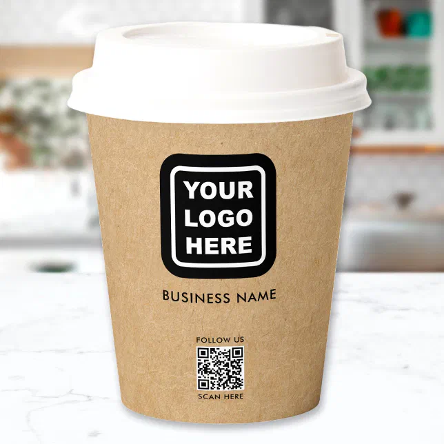 Custom QR Code Business Logo Modern Kraft Paper Cups | Zazzle