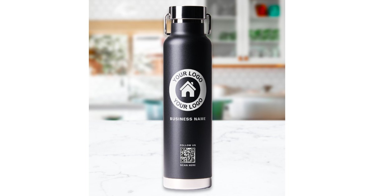 Custom QR Code Business Logo Name Modern Water Bottle | Zazzle