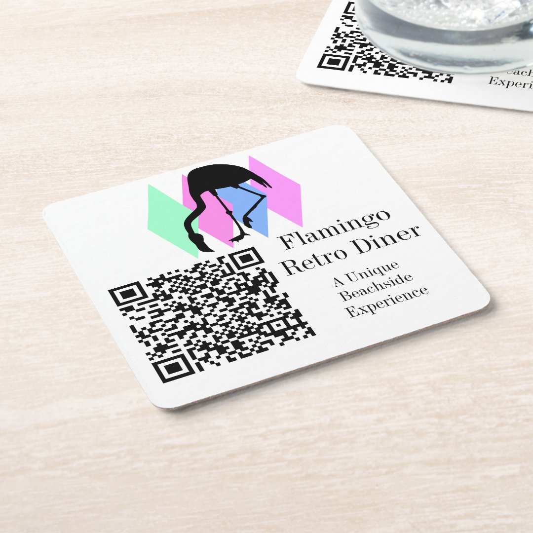Custom QR Code Cafe Restaurant Bar Retro Flamingo Square Paper Coaster ...