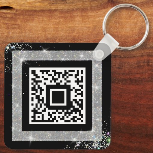 Custom QR Code Holographic Glitter Black Sparkles Keychain | Zazzle
