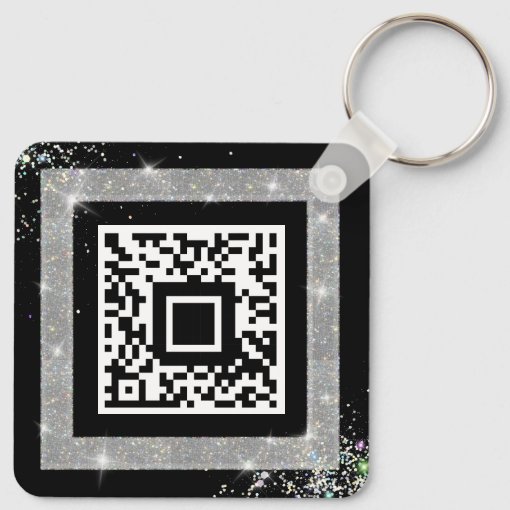 Custom QR Code Holographic Glitter Black Sparkles Keychain | Zazzle