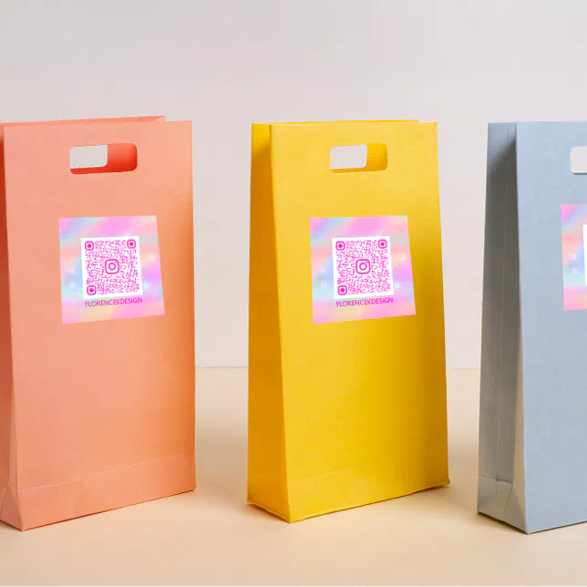 Custom QR Code Logo Pastels Holograph Pink Square Sticker | Zazzle