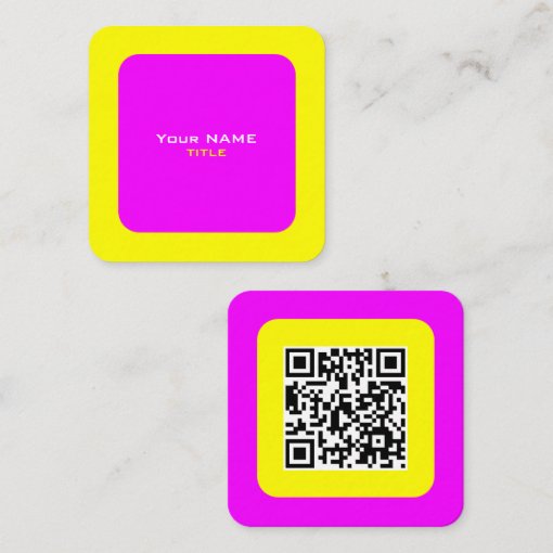 Custom QR Code Neon Pink and Yellow Square Business Card | Zazzle