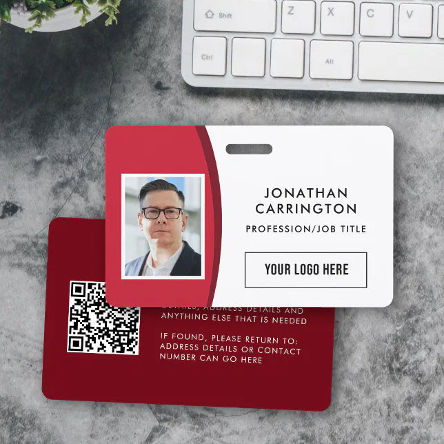 Custom QR Code Photo Logo Red Employee ID Badge | Zazzle