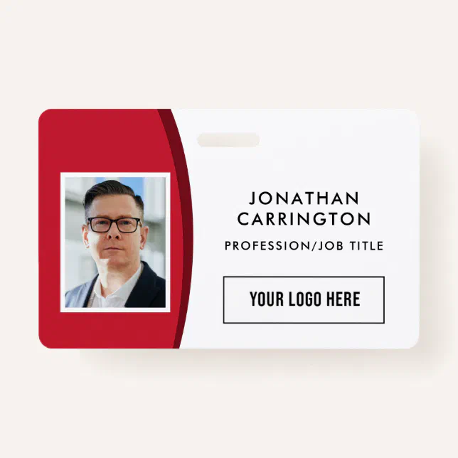 Custom QR Code Photo Logo Red Employee ID Badge | Zazzle