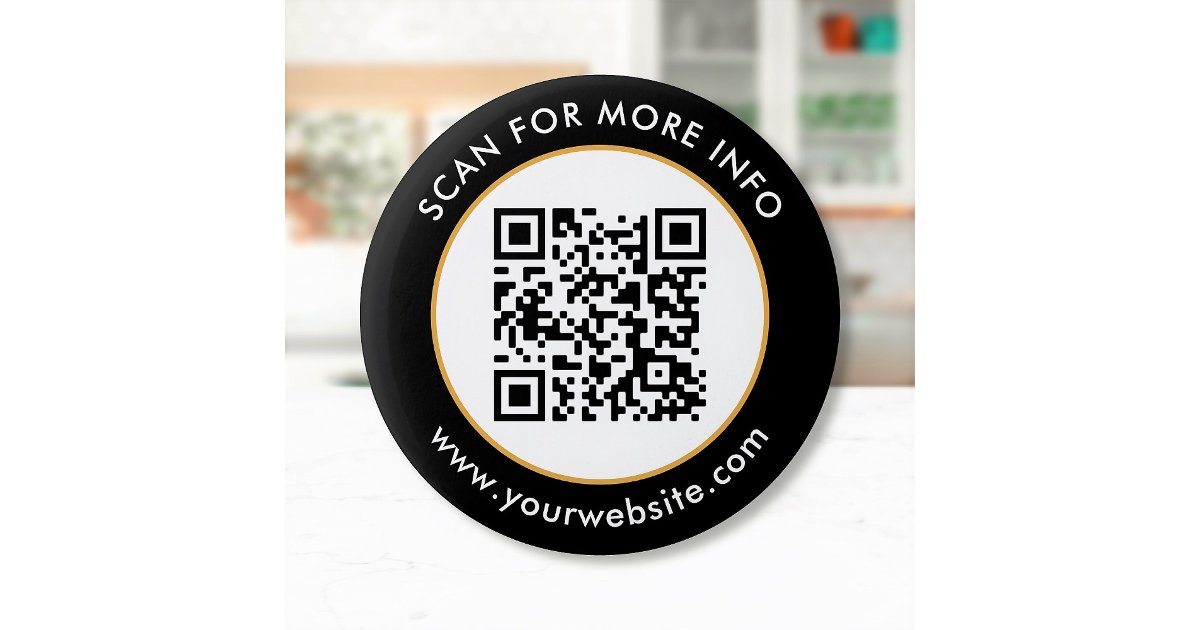 Custom QR Code Text Black White Gold Button | Zazzle