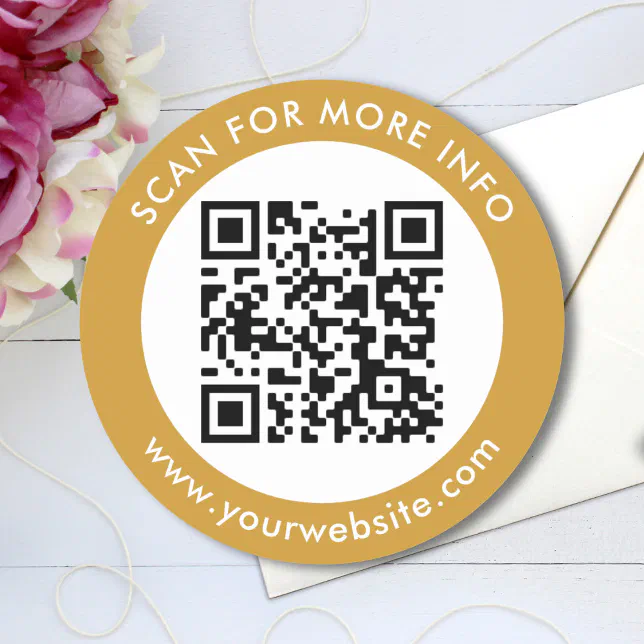Custom QR Code Text Black White Gold Classic Round Sticker | Zazzle
