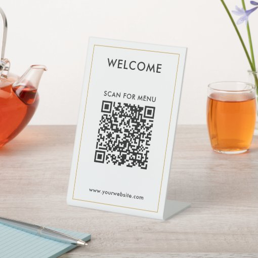 Custom QR Code Text Modern Business Pedestal Sign | Zazzle