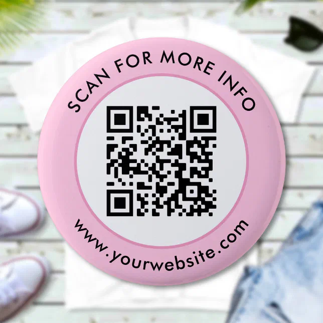 Custom QR Code Text Pink White Black Button | Zazzle
