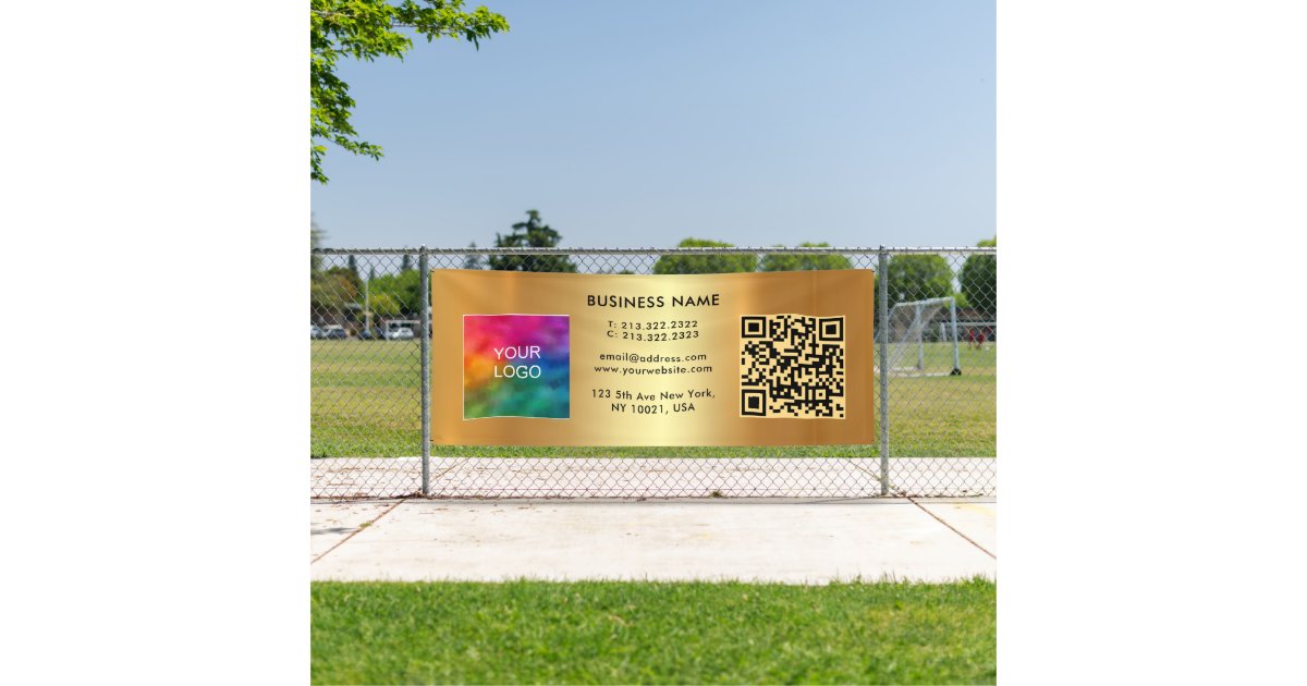 Custom QR Code Upload Logo Gold Template Outdoor Banner | Zazzle