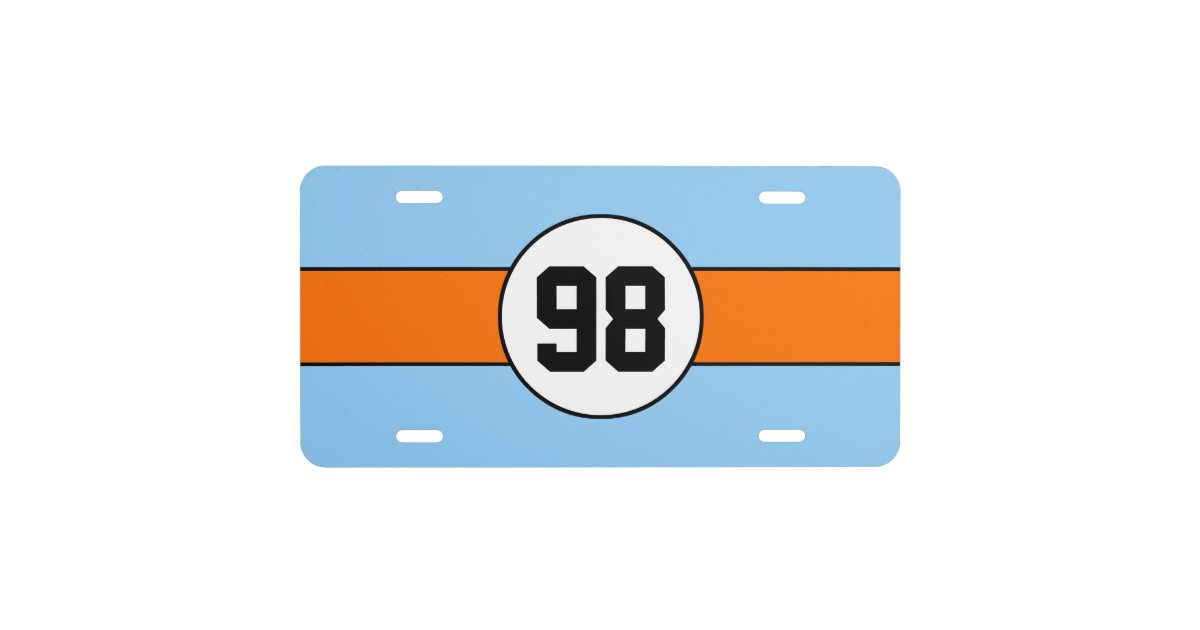 Custom Racing Number - Powder Blue / Orange License Plate | Zazzle
