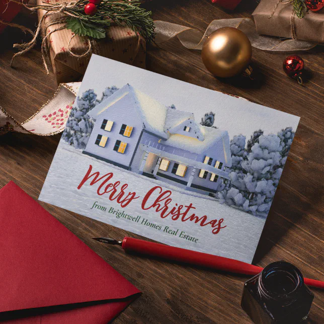 Custom Real Estate Company Christmas Winter House Holiday Card | Zazzle