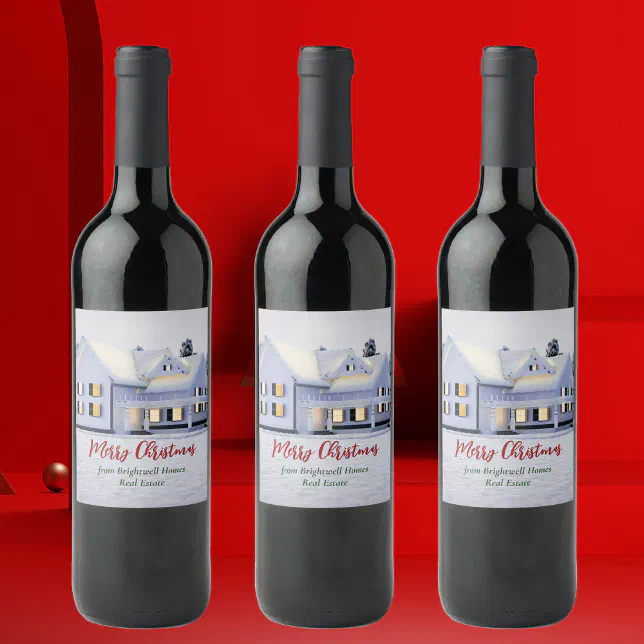 Custom Real Estate Company Winter Christmas House Wine Label | Zazzle
