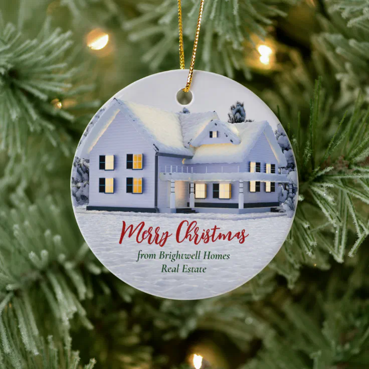 Custom Real Estate Company Winter House Christmas Ceramic Ornament | Zazzle
