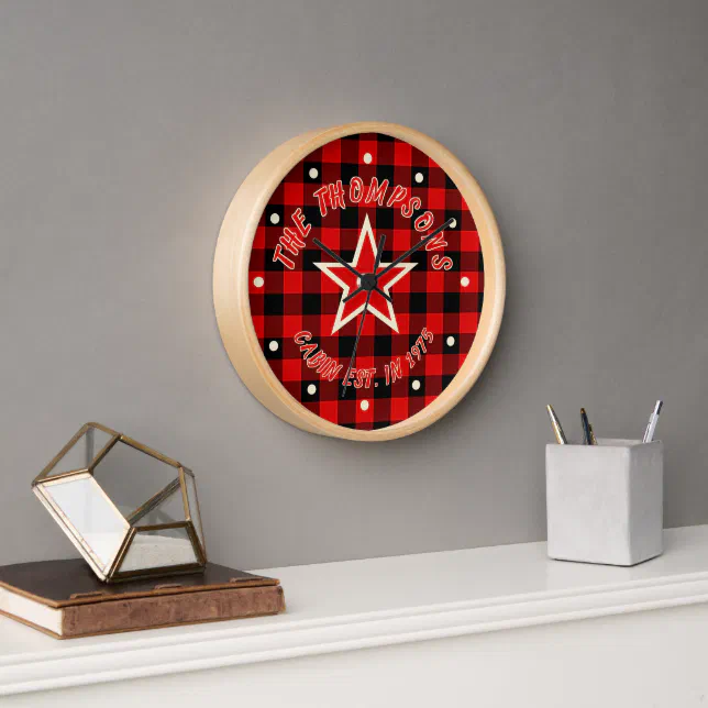 Custom Red Black Buffalo Check Plaid Pattern Clock | Zazzle