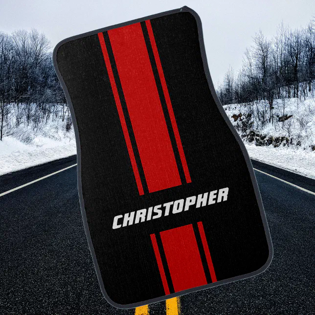 Custom Red Black Racing Stripes Monogrammed Auto Car Floor Mat | Zazzle
