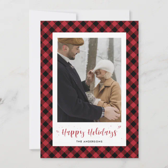 Custom Red Buffalo Plaid Photo Holiday Cards | Zazzle