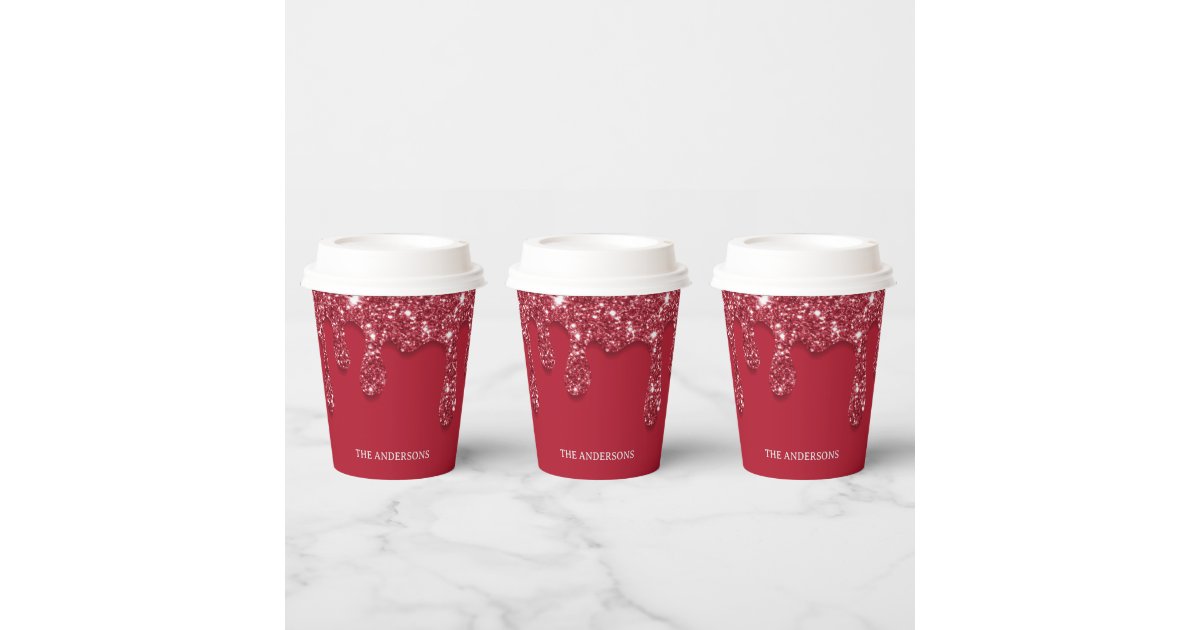 Custom Red Glitter Drip Name Paper Cups | Zazzle
