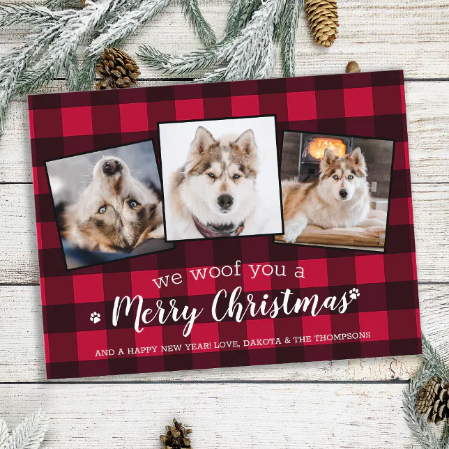Custom Red Plaid Pet Photo Collage Dog Lover Holiday Postcard | Zazzle