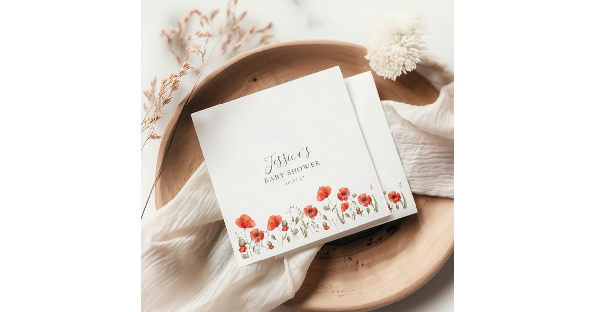 Custom Red Poppy Garden Floral Baby Shower Napkins | Zazzle