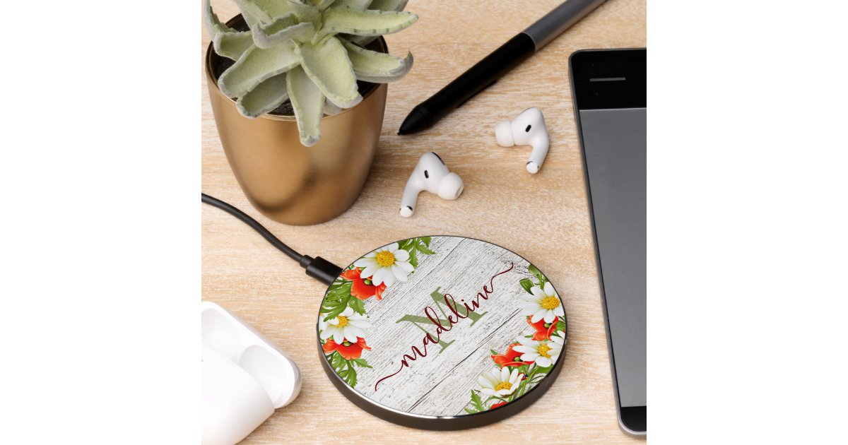 Custom Red Poppy Yellow White Daisy Wreath Pattern Wireless Charger ...