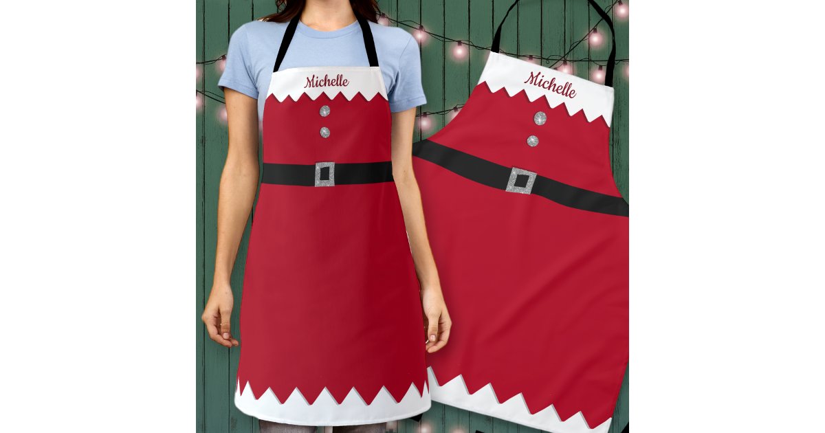 Custom Red & Silver Glitter Workshop Elf Christmas Apron | Zazzle