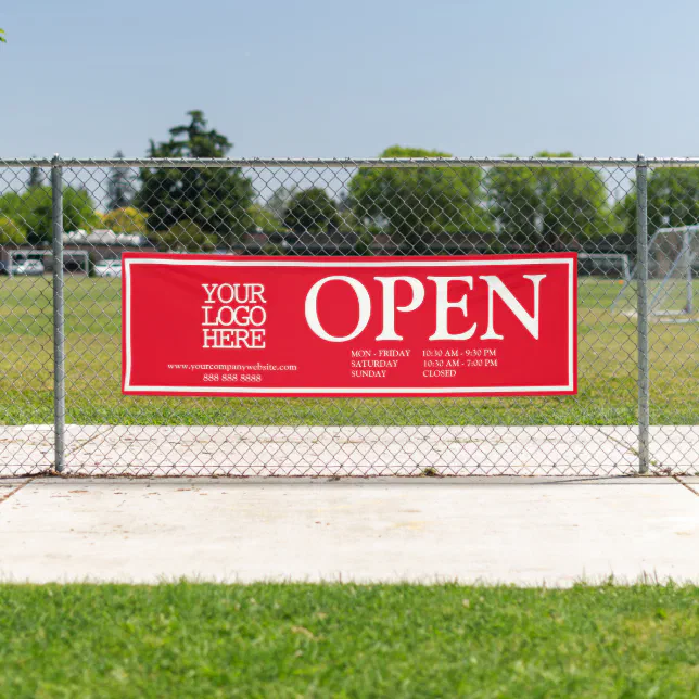 Custom Red White Business Logo Open Hours Banner | Zazzle