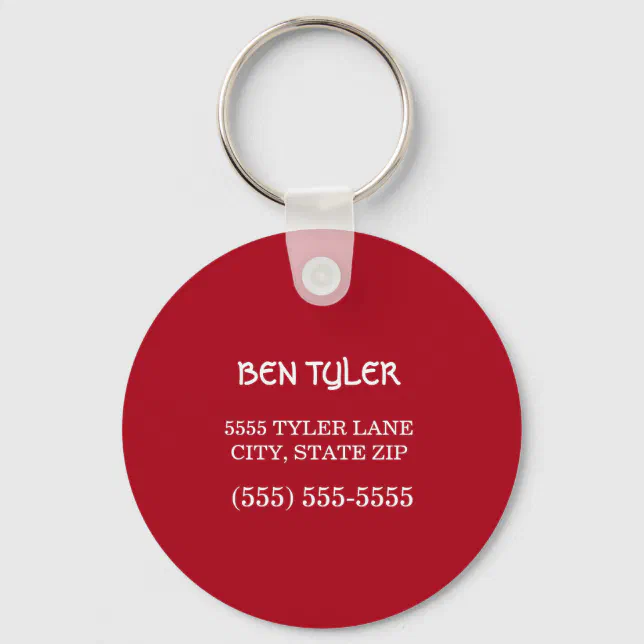 Custom Red White Name Address Phone Keychain | Zazzle