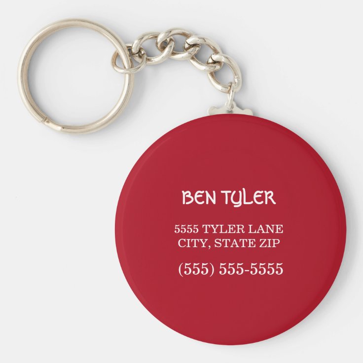 Custom Red White Name Address Phone Keychain | Zazzle