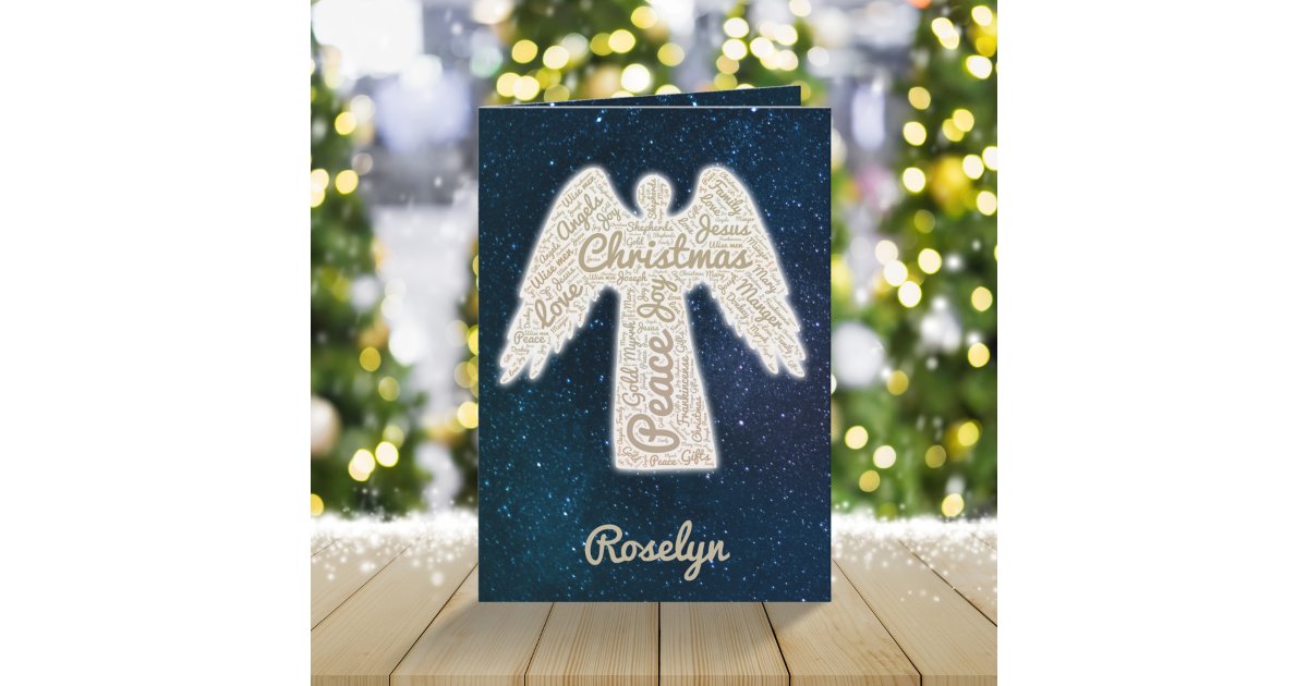 Custom religious holiday gold angel Christmas card | Zazzle