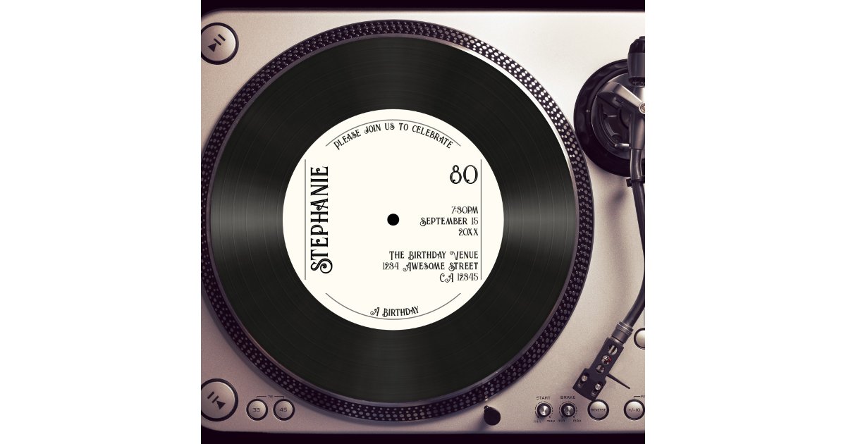 Custom Retro Faux Vinyl Record Music 80th Birthday Invitation | Zazzle