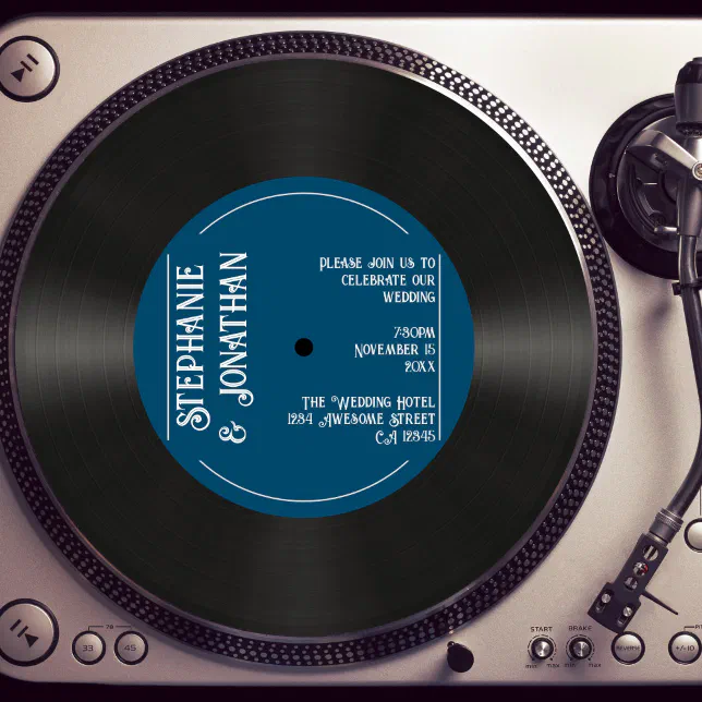 Custom Retro Navy Faux Vinyl Record Wedding Invitation | Zazzle