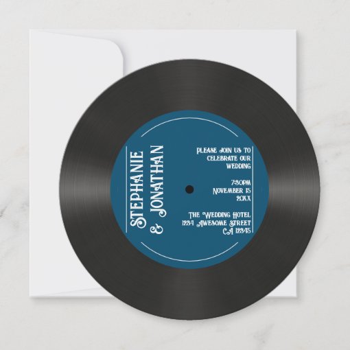 Custom Retro Navy Faux Vinyl Record Wedding Invitation | Zazzle