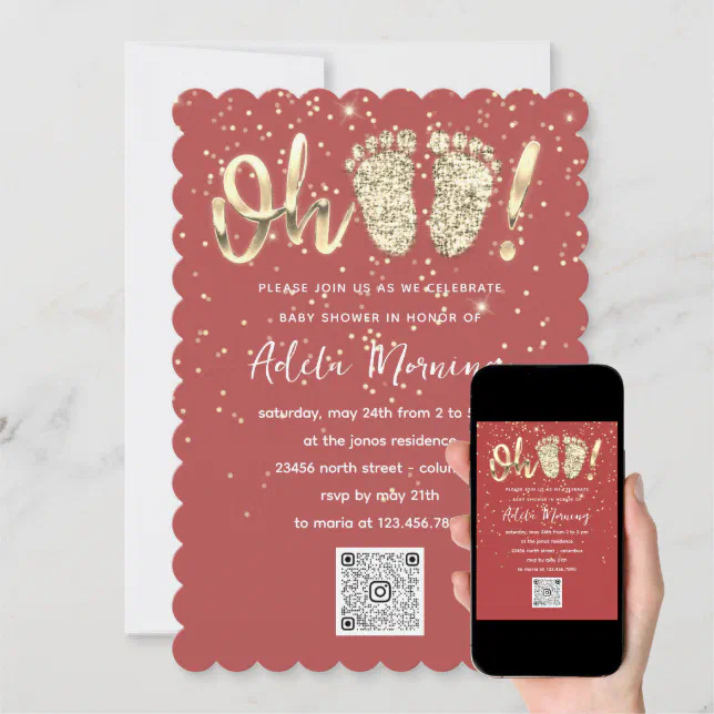 Custom Rose Gold Confetti Feet Baby Boy QR CODE Invitation | Zazzle