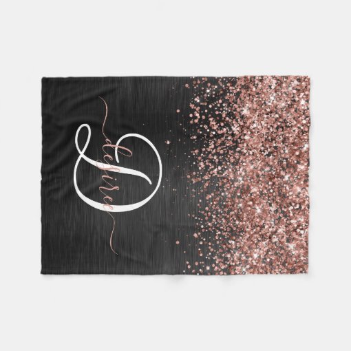 Custom Rose Gold Glitter Black Sparkle Monogram Fleece Blanket | Zazzle