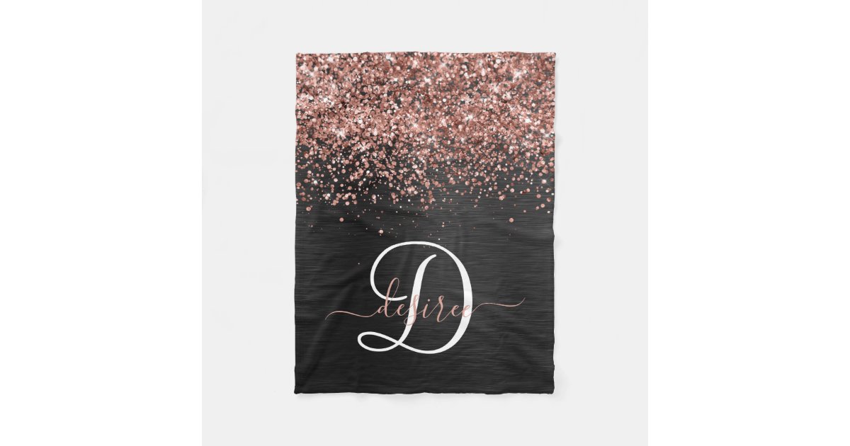 Custom Rose Gold Glitter Black Sparkle Monogram Fleece Blanket | Zazzle