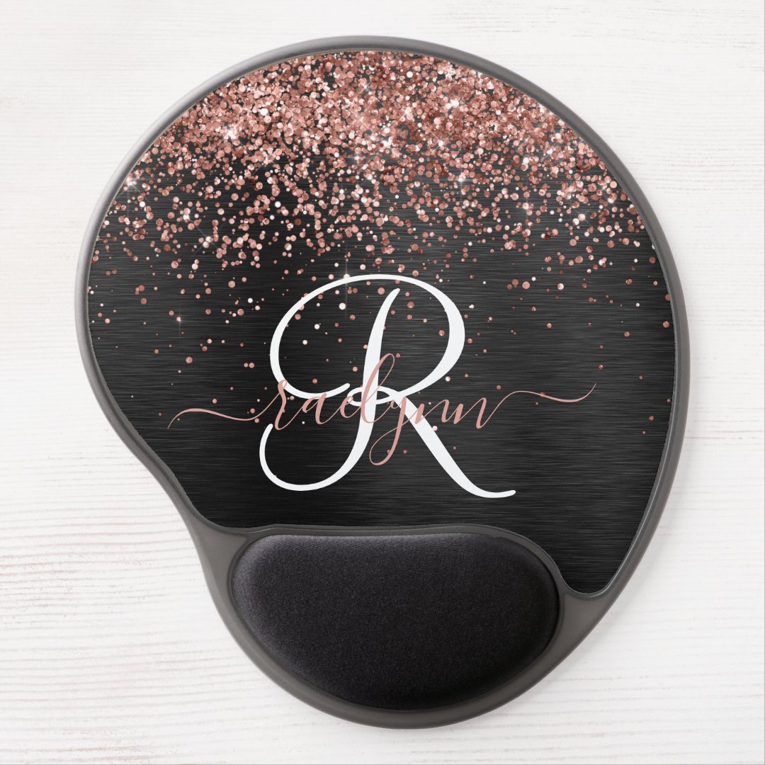 Custom Rose Gold Glitter Black Sparkle Monogram Gel Mouse Pad | Zazzle